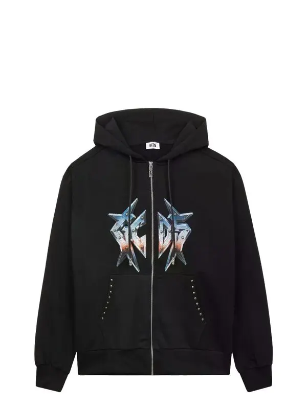Gcds Graphic-print Zip-up Cotton Hoodie - Black