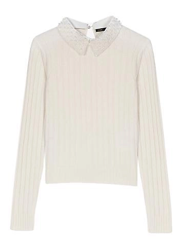 Maje Embellished-collar Ribbed Wool-blend Jumper - Ecru