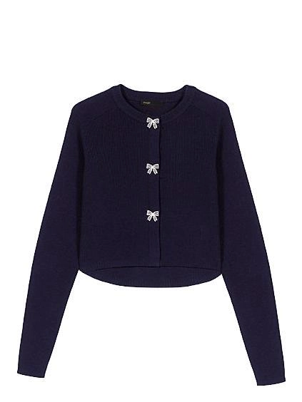 Maje Bow-button Round-neck Wool Cardigan - Navy