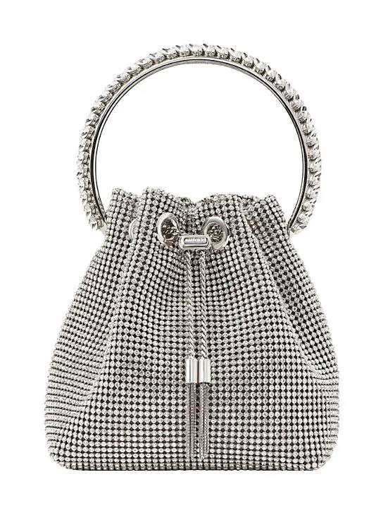 JIMMY CHOO Bon Bon Crystal Embellished Mesh Drawstring Bag - Silver