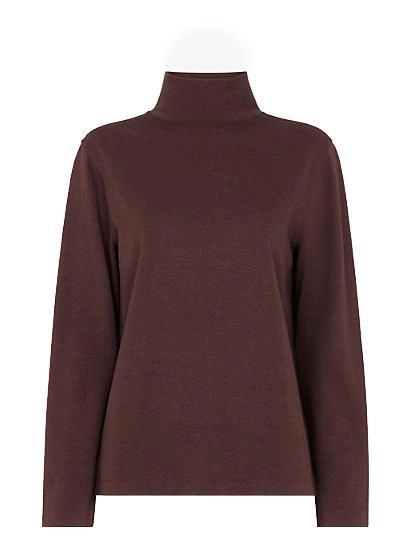 Whistles Funnel Neck Long Sleeve Stretch Cotton Top - Brown