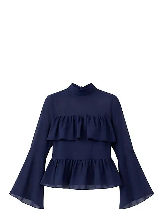 RO&ZO Frill-trim Long-sleeve Chiffon Blouse - Navy