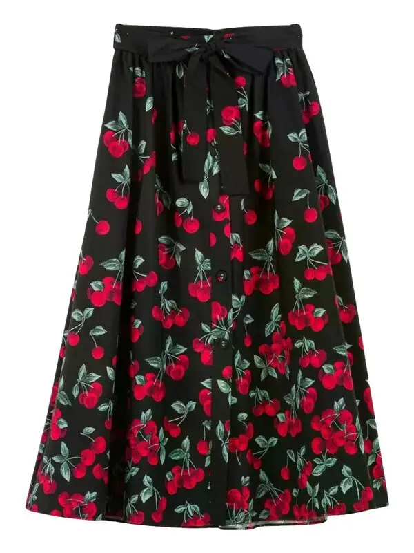 TWINSET Cherry Print Maxi Skirt With Tie Belt - Black