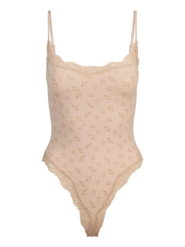 SKIMS Printed Lace-trim Stretch-jersey Bodysuit - Multicoloured