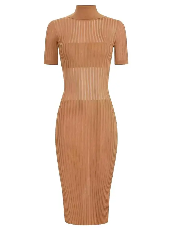 Elisabetta Franchi Ribbed Knit Dress With Sheer Panelling And Logo Button Detail - Neutrals