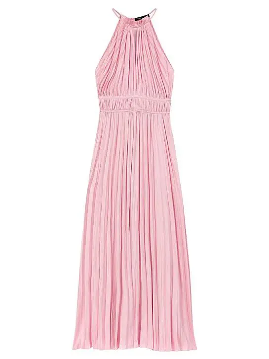 Maje High-neck Pleated Maxi Dress - Pink