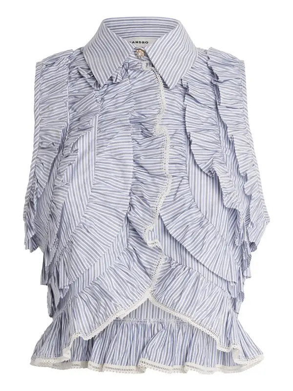 Sandro Cotton Stripe Ruffled Shirt - Blue