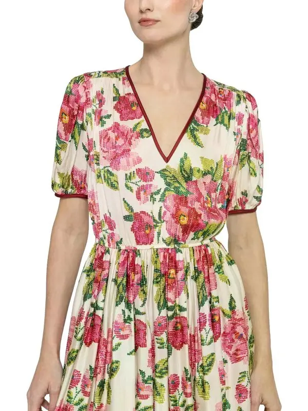 NISSA Floral Print V-neck Midi Dress - Neutrals