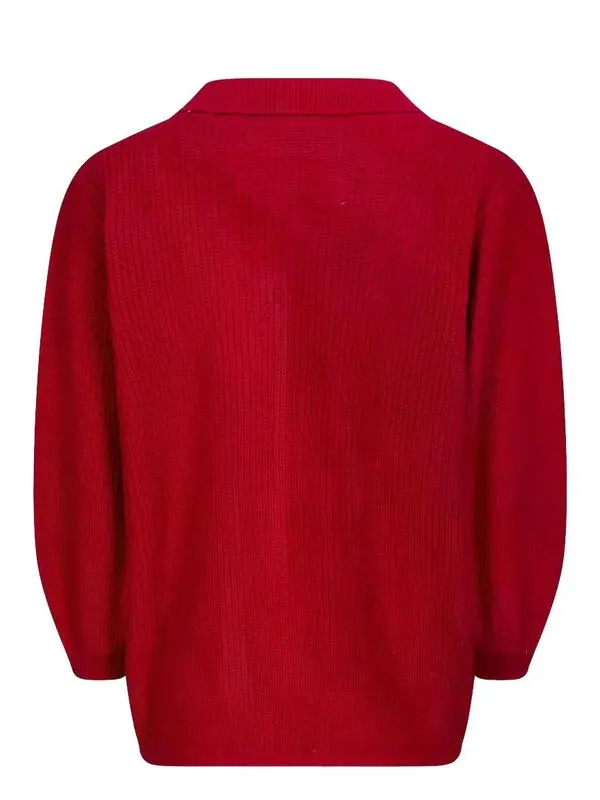 BE YOU Ribbed Knit Polo Sweater With V-neck And Three-quarter Sleeves - Red