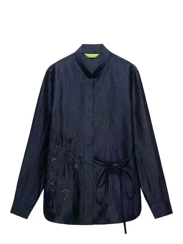 Shanghai Tang Mandarin Collar Linen Shirt With Beaded Detail - Blue