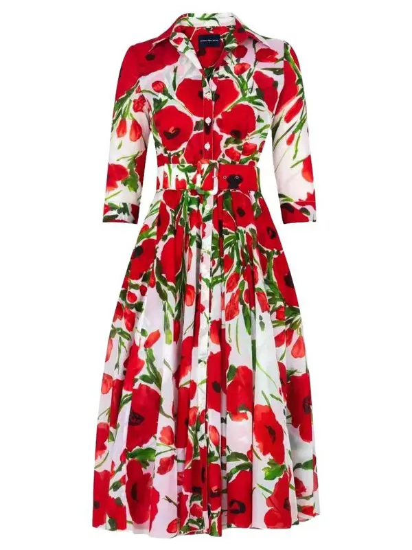 Samantha Sung Aster Floral Print Belted Dress - Red