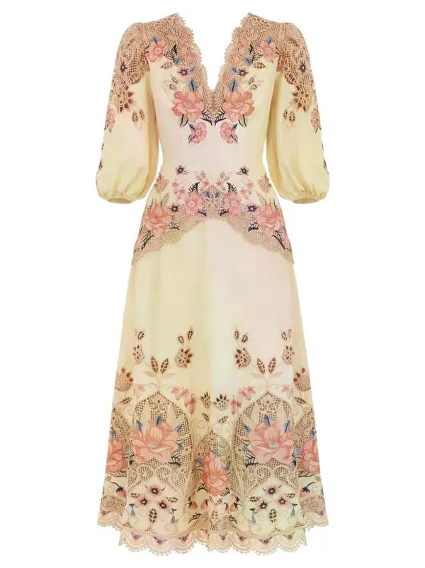 Farm Rio Floral Embroidered Midi Linen Dress - Neutrals