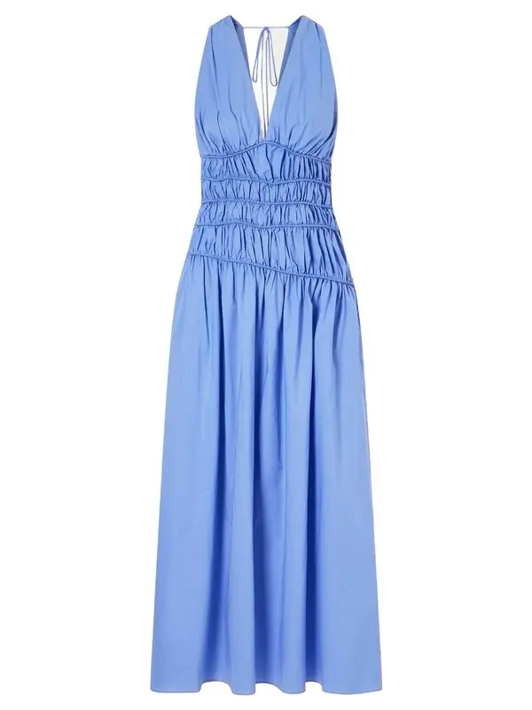 Faithfull The Brand Saja Tie-detailed Ruched Cotton Maxi Dress - Blue