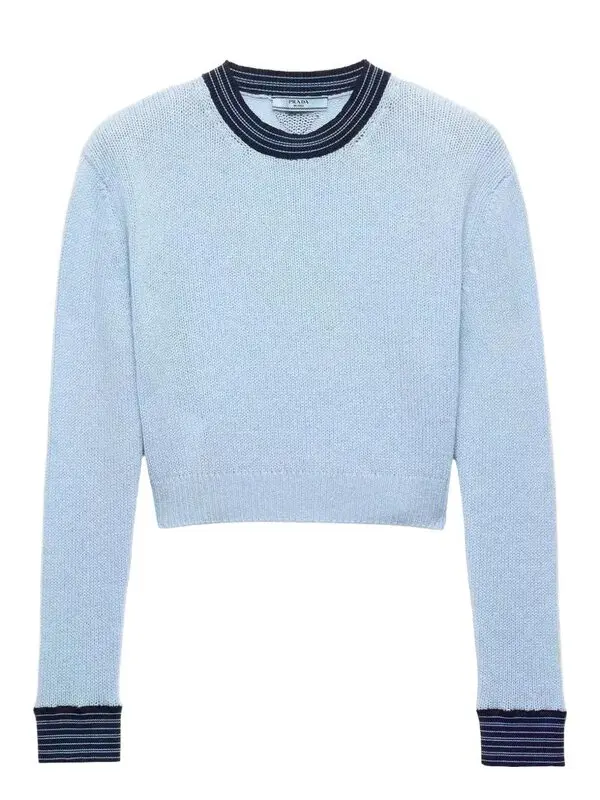 Prada Cashmere Crew Neck Sweater With Striped Cuffs - Blue