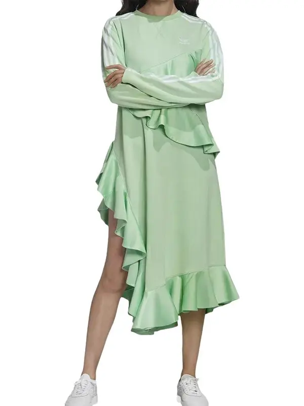 Adidas Ruffled Asymmetric Long Sleeve Dress - Green
