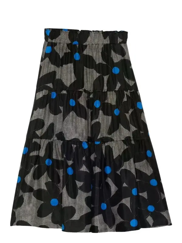 LESS Floral Print Tiered Midi Skirt - Grey