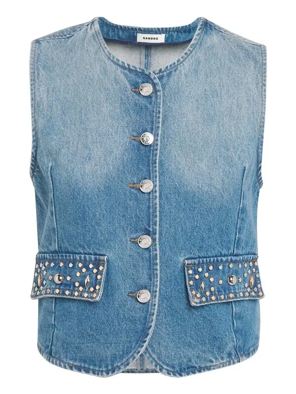 Sandro Embellished Denim Waistcoat - Blue