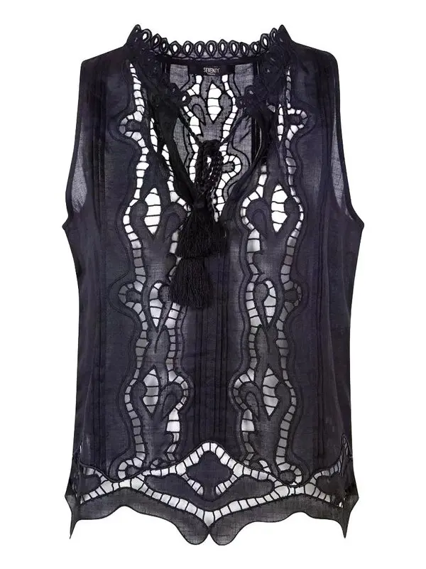 Seventy Openwork Lace Ramie Sleeveless Top - Black