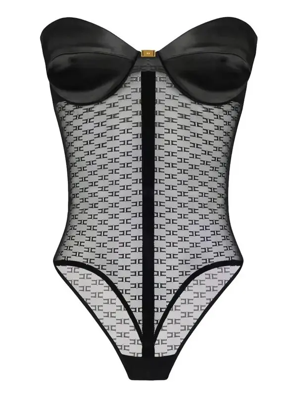 Elisabetta Franchi Monogram Jacquard Tulle Bodysuit - Black