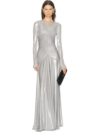 Norma Kamali Long Sleeve V Neck Shirred Front Flared Gown - Silver