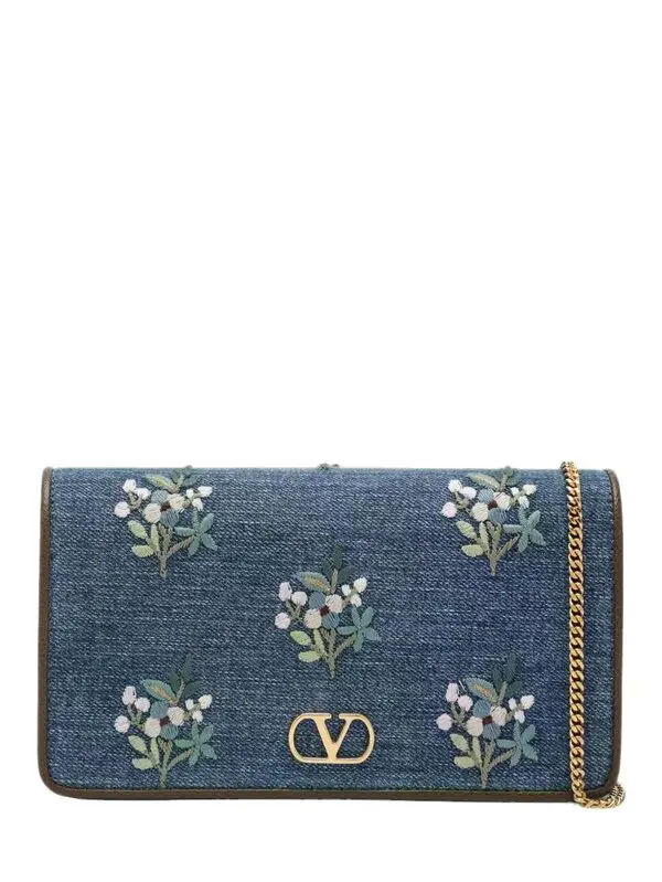 Valentino Garavani Vlogo Signature Mini Shoulder Bag In Denim With Floral Embroidery - Blue