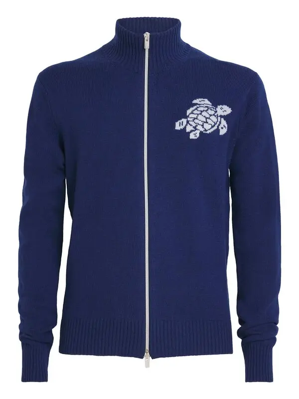 Vilebrequin Virgin Wool-cashmere Zip-up Cardigan With Jacquard Turtle Motif - Blue