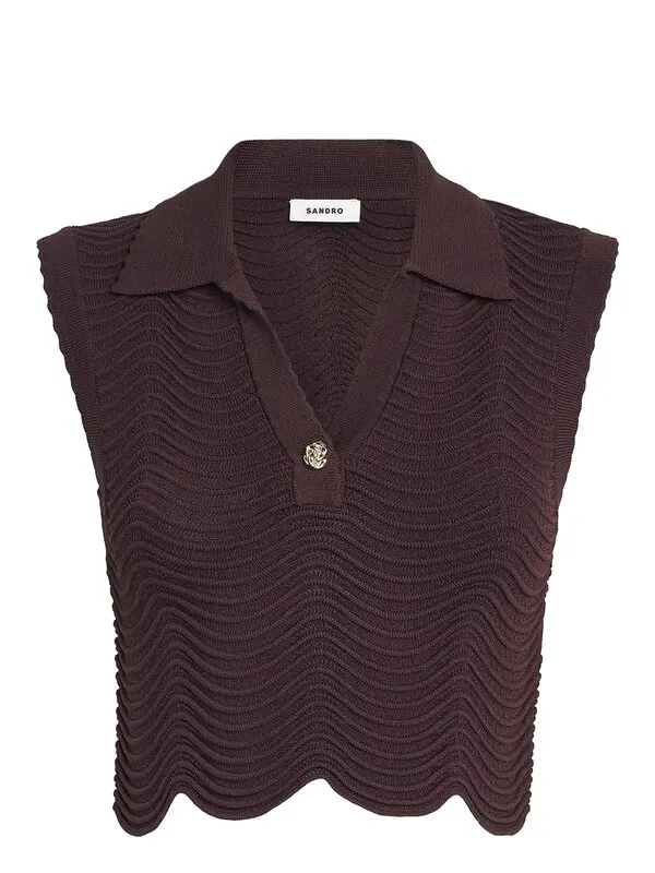 Sandro Knitted Crop Top With Gold-tone Button Detail - Brown