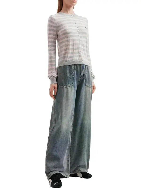 MINI CREAM Striped Round Neck Cardigan - Grey