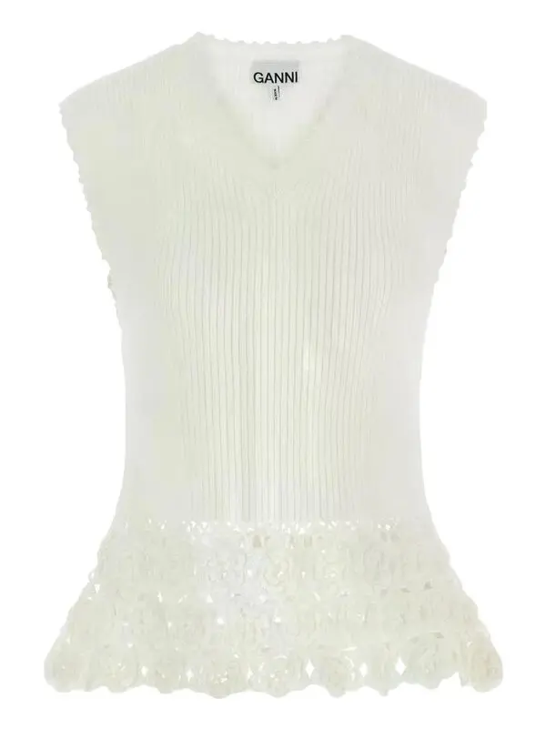 GANNI Crochet Insert Ribbed V-neck Tank Top - Neutrals