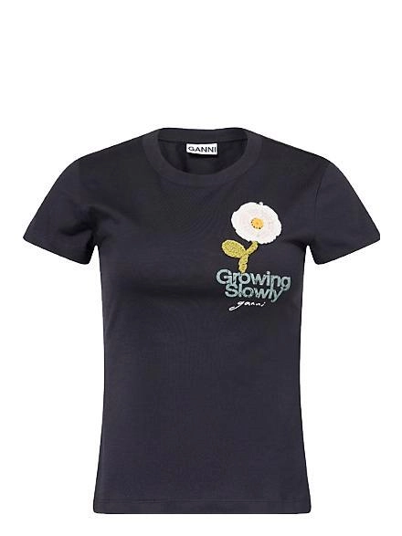 GANNI Cotton Baby-fit T-shirt With Crochet Motif - Phantom