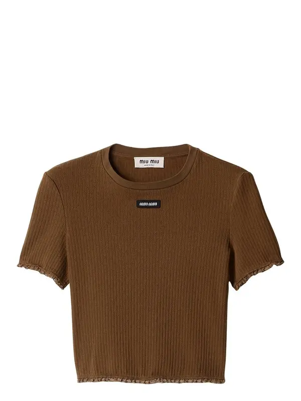 Miu Miu Cotton Pointelle Cropped T-shirt - Brown