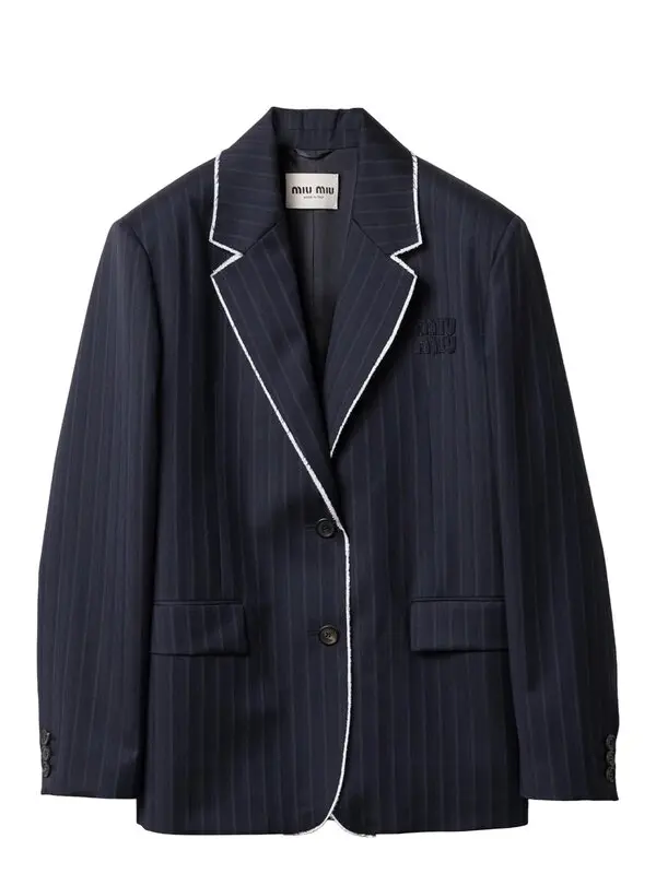 Miu Miu Wool Pinstripe Blazer With Contrast Fringing - Blue