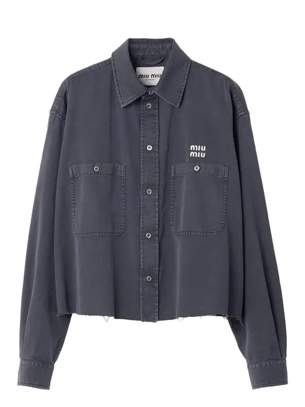 Miu Miu Distressed Logo Denim Shirt - Grey