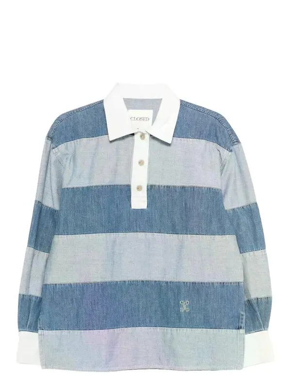 Closed Striped Polo Top With Embroidered Logo - Blue
