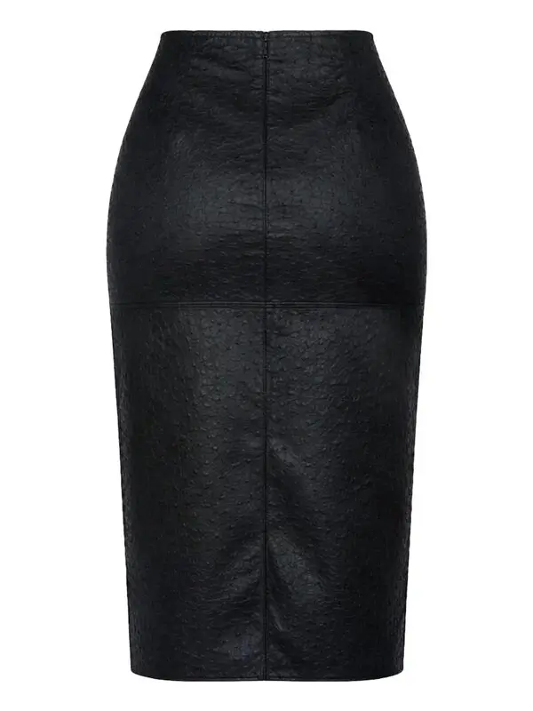 Elisabetta Franchi High-waist Midi Skirt With Ostrich Print And Front Slit - Black