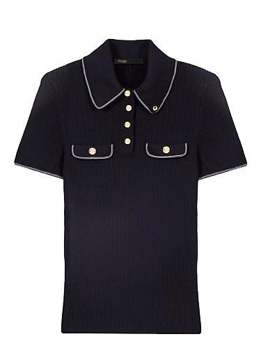Maje Short-sleeved Ribbed Knitted Polo Shirt - Navy