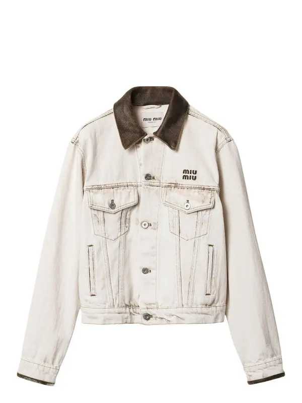 Miu Miu Bleached Denim Trucker Jacket With Leather Collar - White