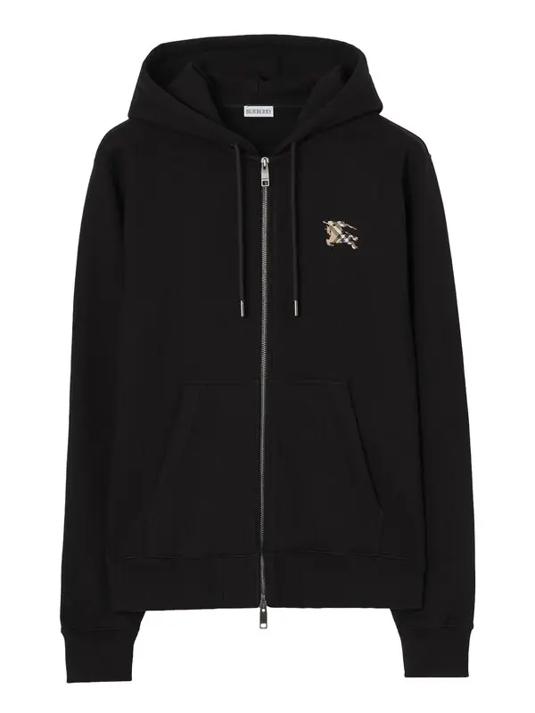 Burberry Cotton Check Knight Stamp Zip-up Hoodie - Black