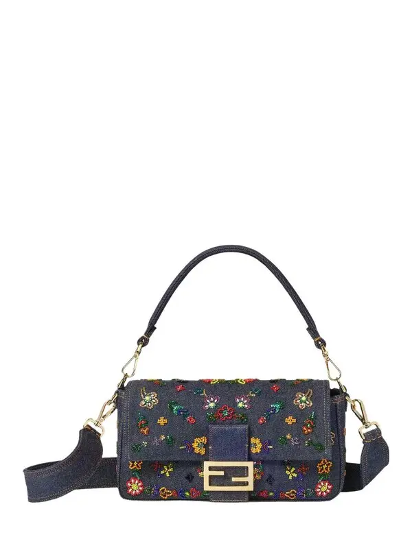 Fendi Medium Floral Beaded Baguette Shoulder Bag - Blue