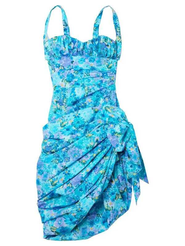 Chloé Asymmetric Bow-detailed Draped Floral-print Cotton Mini Dress - Blue