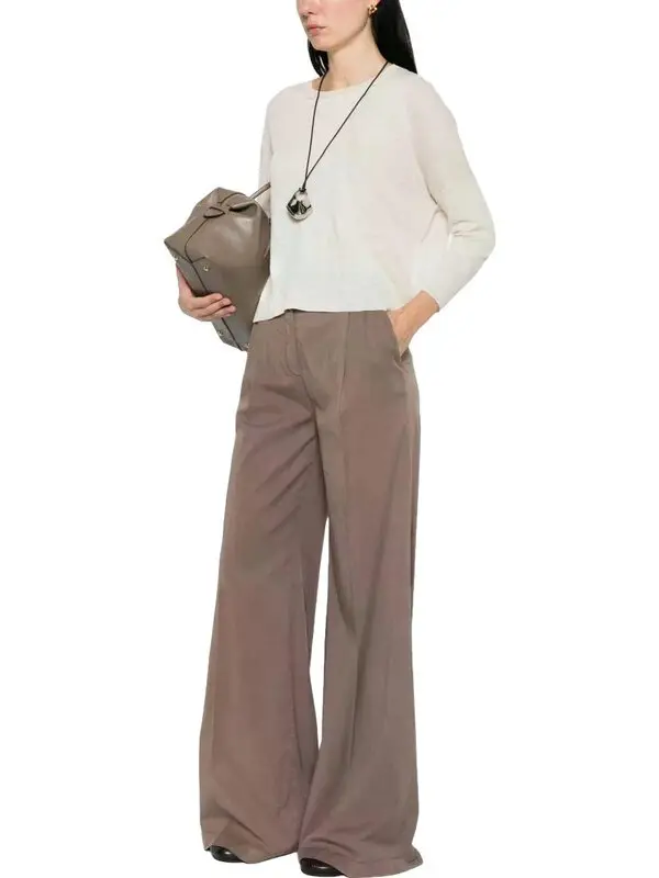 BASE Long Sleeve Round Neck Top With Ribbed Trim - Neutrals