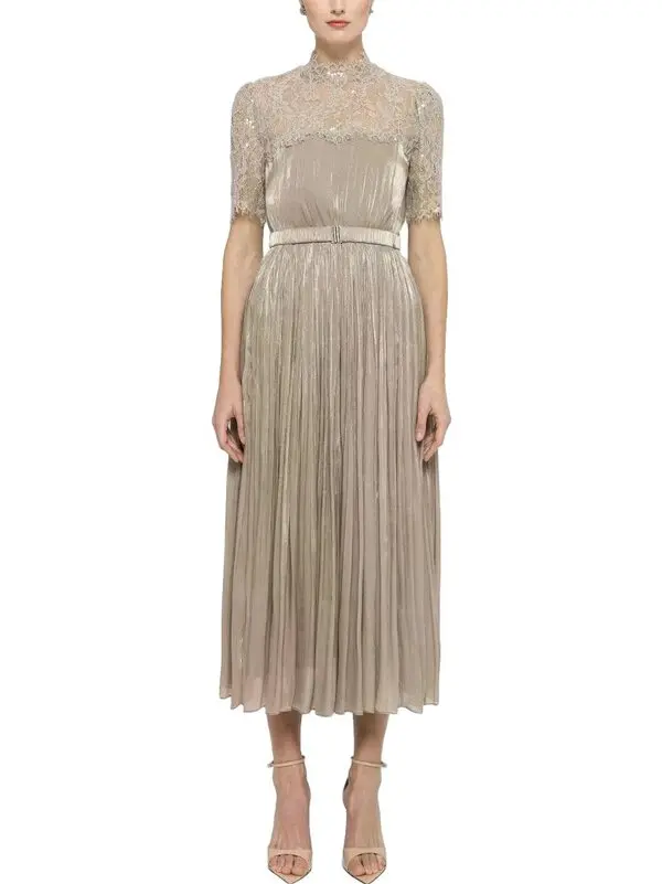 NISSA Lace-panel Chiffon Midi Dress - Neutrals