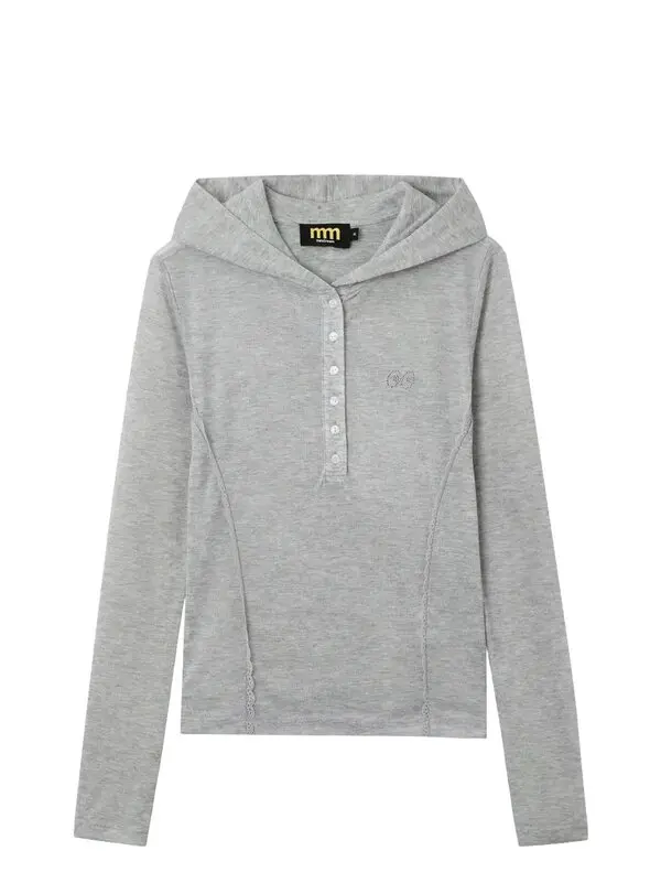 MINI CREAM Buttoned Hoodie With Lace Trim - Grey