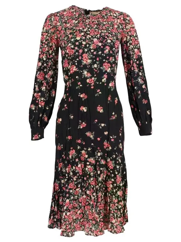 Michael Kors Silk Floral Print Long Sleeve Midi Dress - Black