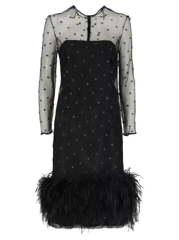 Vintage Polka Dot Feather Trim Dress - Black