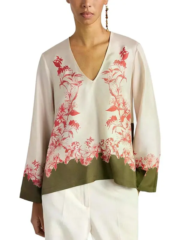 Momoni Long Sleeve Floral Print V-neck Blouse - Neutrals