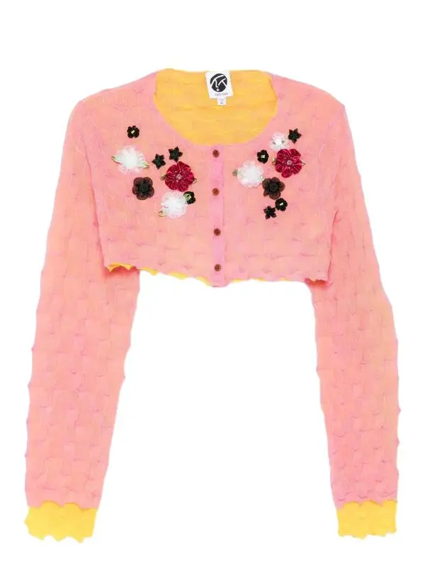 YANYAN Cropped Floral Appliqué Cardigan - Pink