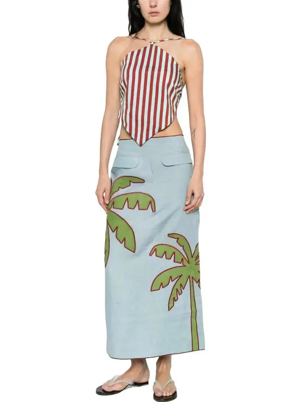 Farm Rio Embroidered Palm Tree Midi Skirt - Blue