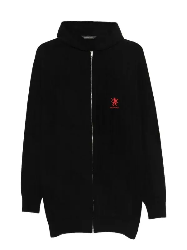 Balenciaga Logo Embroidered Cable Knit Full Zip Hoodie - Black