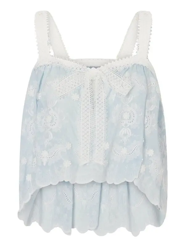 Miguelina Kaila Cropped Embroidered Silk-blend Voile Top With Asymmetric Scalloped Hem And Bow Detail - Blue